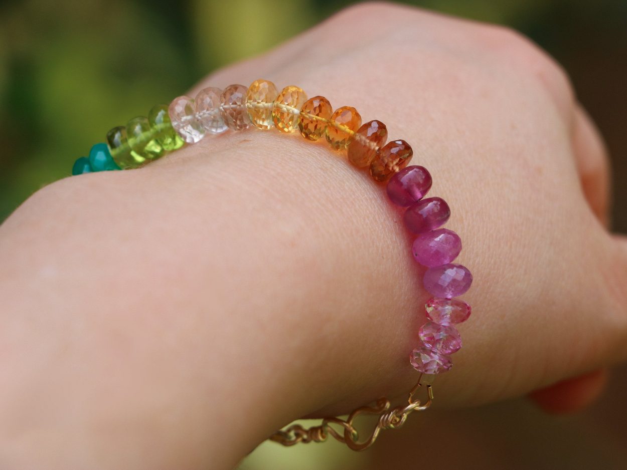 Solid Gold 14K Rainbow Bracelet with Precious Gemstones, Colorful Multi ...