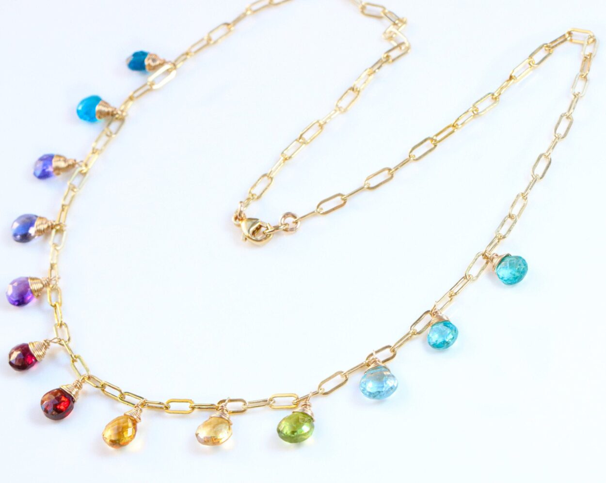 Solid Gold 14K Rainbow Precious Gemstone Necklace - Valltasy
