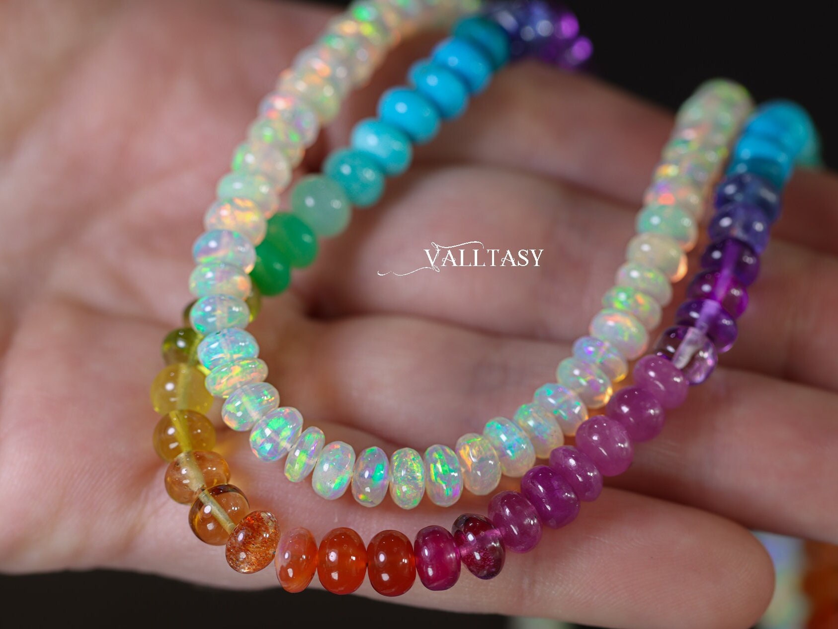 Solid Gold 14K Double Rainbow and Opal Necklace, Multi Strand Colorful ...