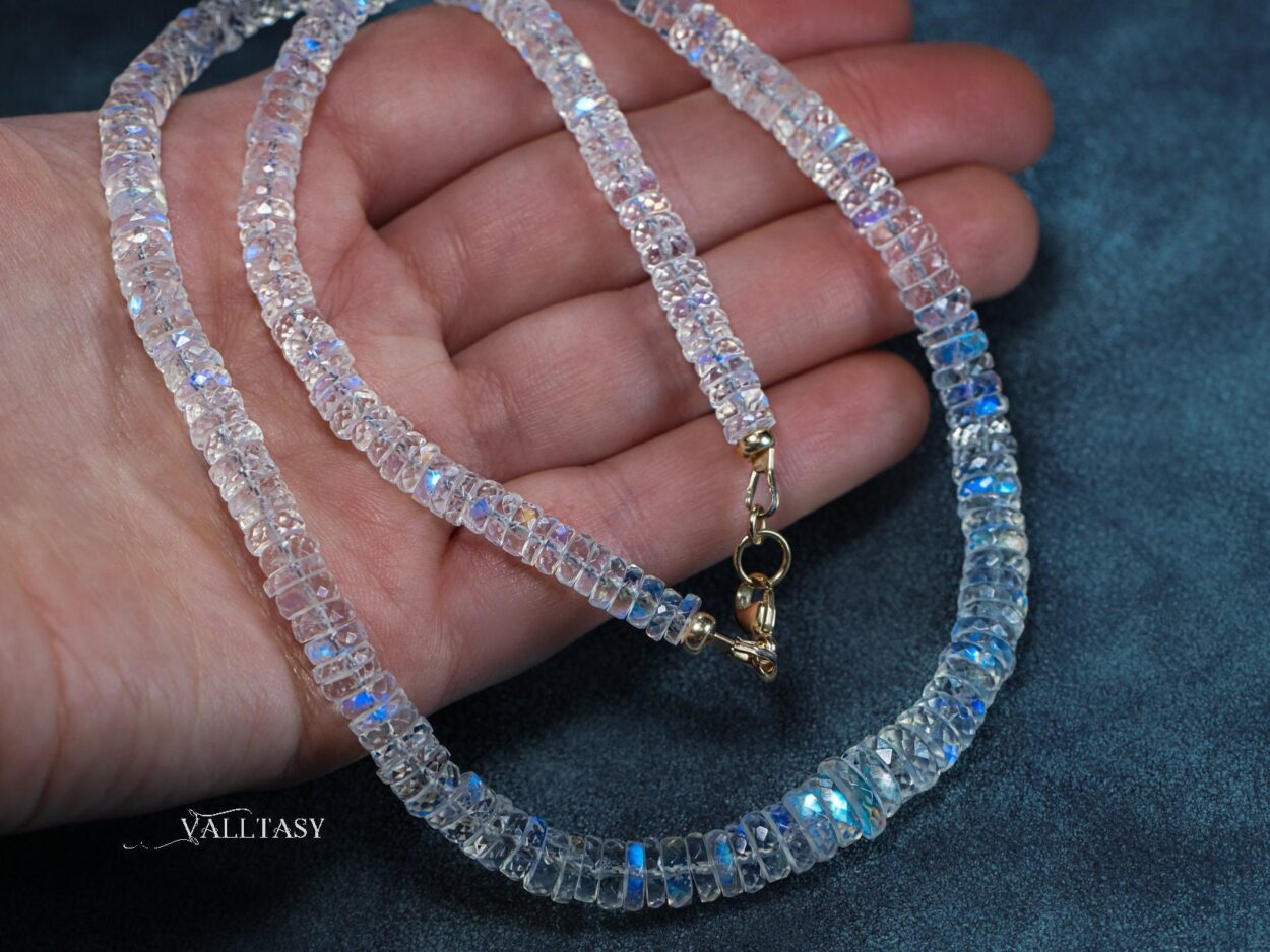 14k Solid Gold Blue Fire Heishi Rainbow Moonstone Necklace