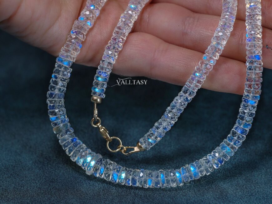14k Solid Gold Blue Fire Heishi Rainbow Moonstone Necklace